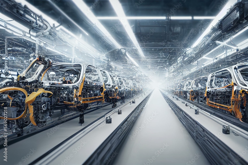 Splendid of automotive industry with assembly line conveyors. Advance ...