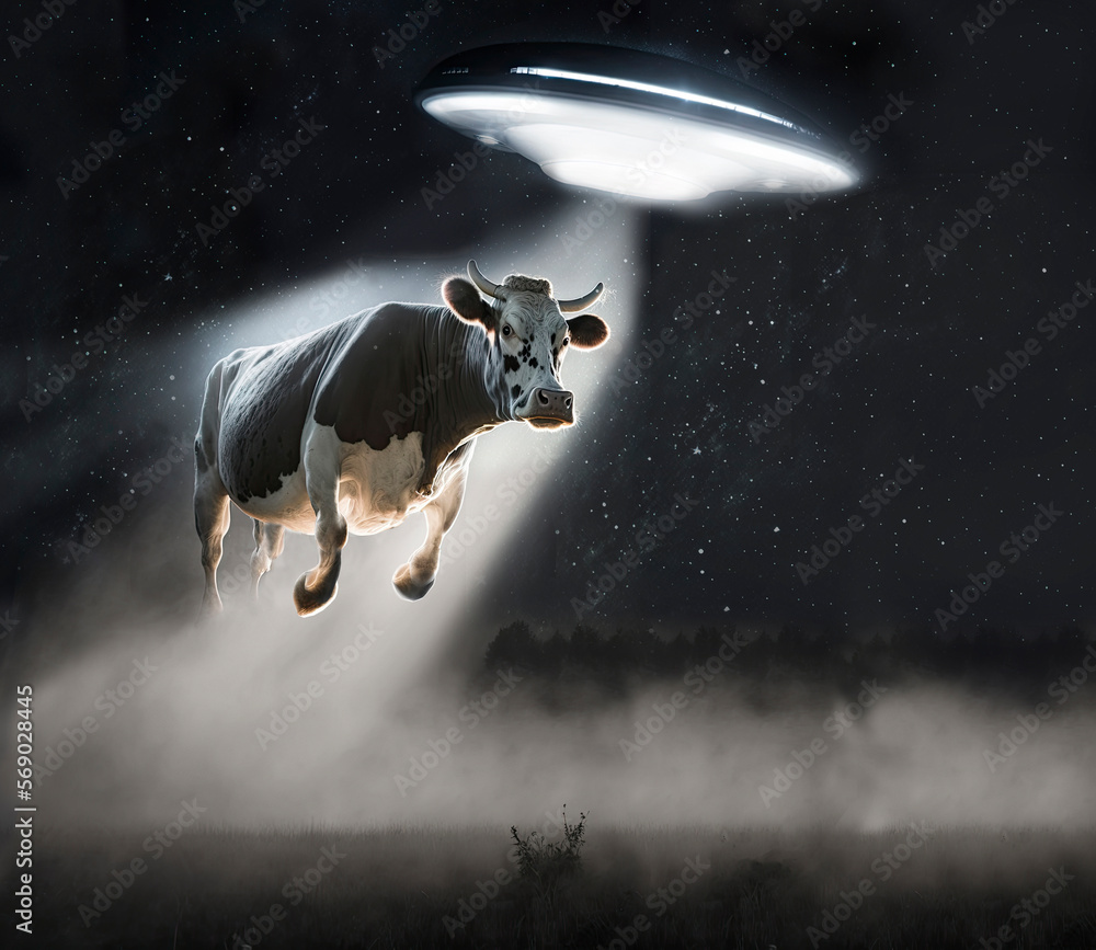 Cow in the tractor beam of a UFO over a pasture at night, created with ...
