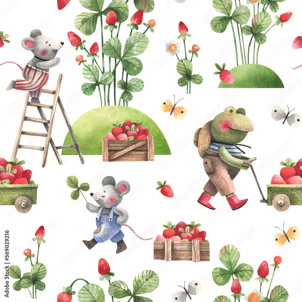 Cute little animals are harvesting berries on a strawberry farm. The ...