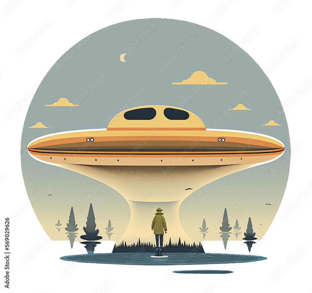 Cartoon style of a huge UFO spacecraft hovering over a human, created ...