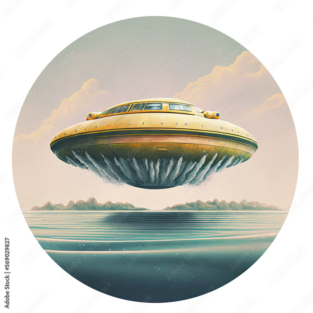 Cartoon style of a huge UFO spacecraft flying low over water, created ...