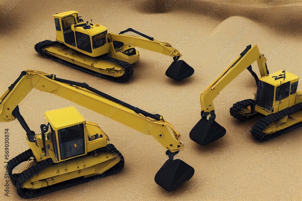 Three heavy wheeled front loaders or bulldozers on a white isolated ...