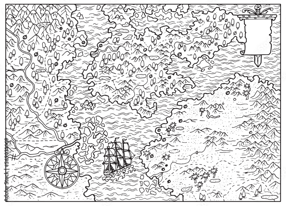 Black and white nautical ilustration with old pirate world map of ...