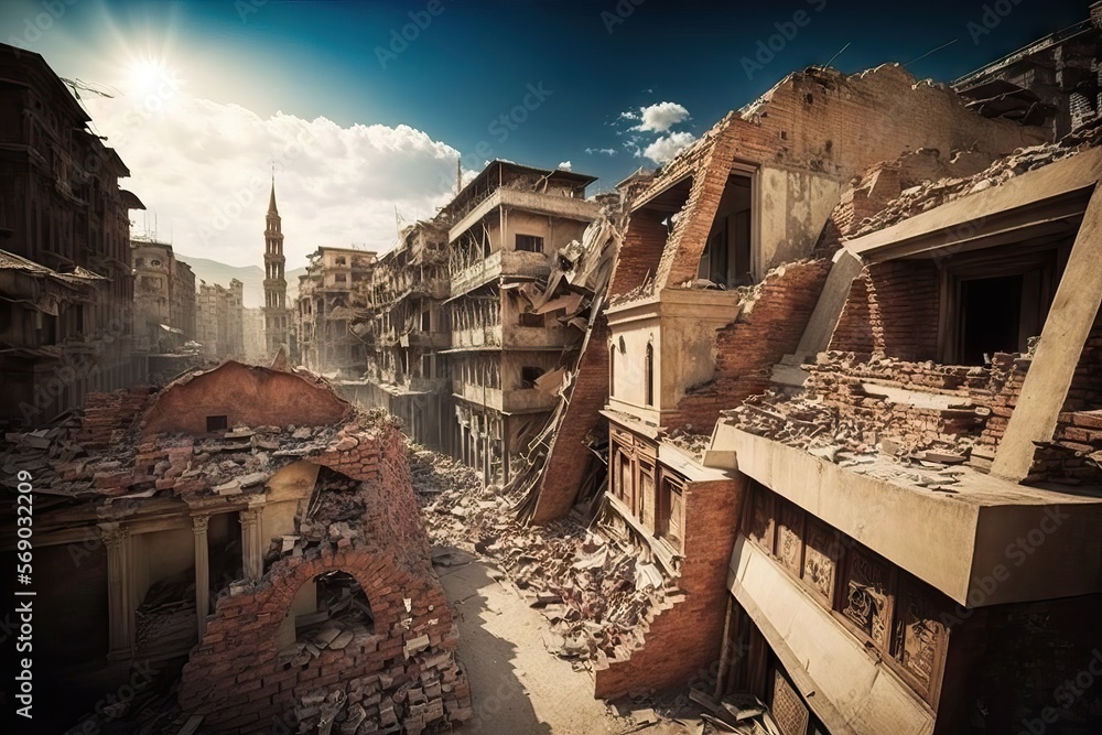An Entire City Square Devastated by an Earthquake, Destroying Buildings ...
