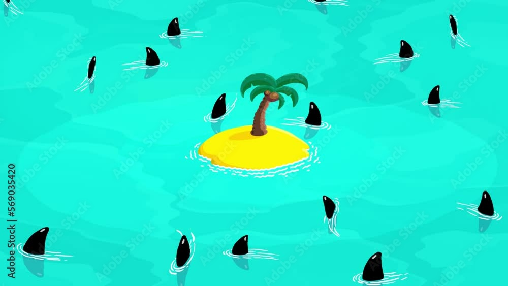 Many sharks swimming around the desert island with a palm. Cartoon ...