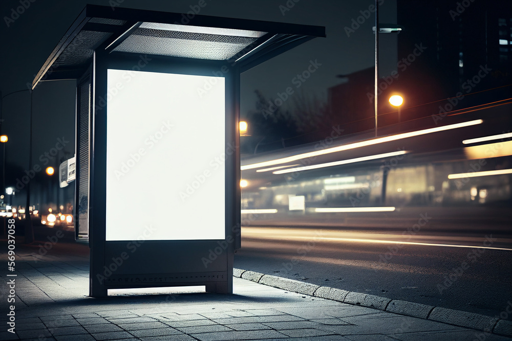Blank billboard in bus stop at night with the lights of the cars ...