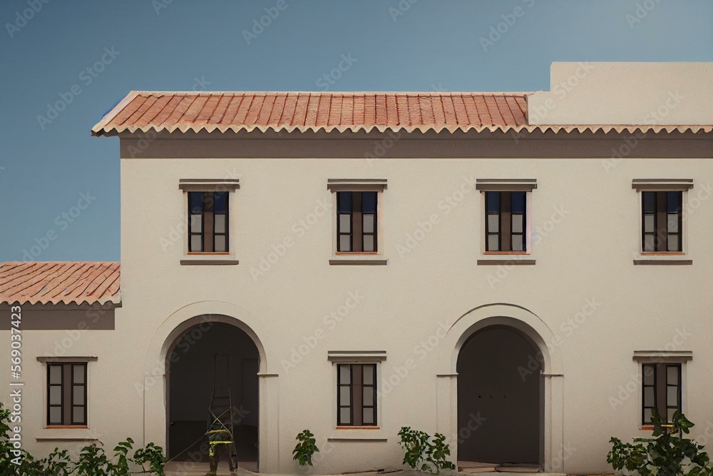 Painting of a stucco exterior wall of a house. A building contractor on ...