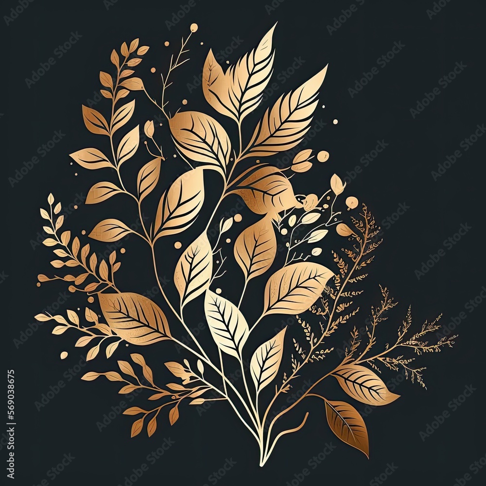 Golden outlines botanical sparkling leaves illustration, wedding design ...