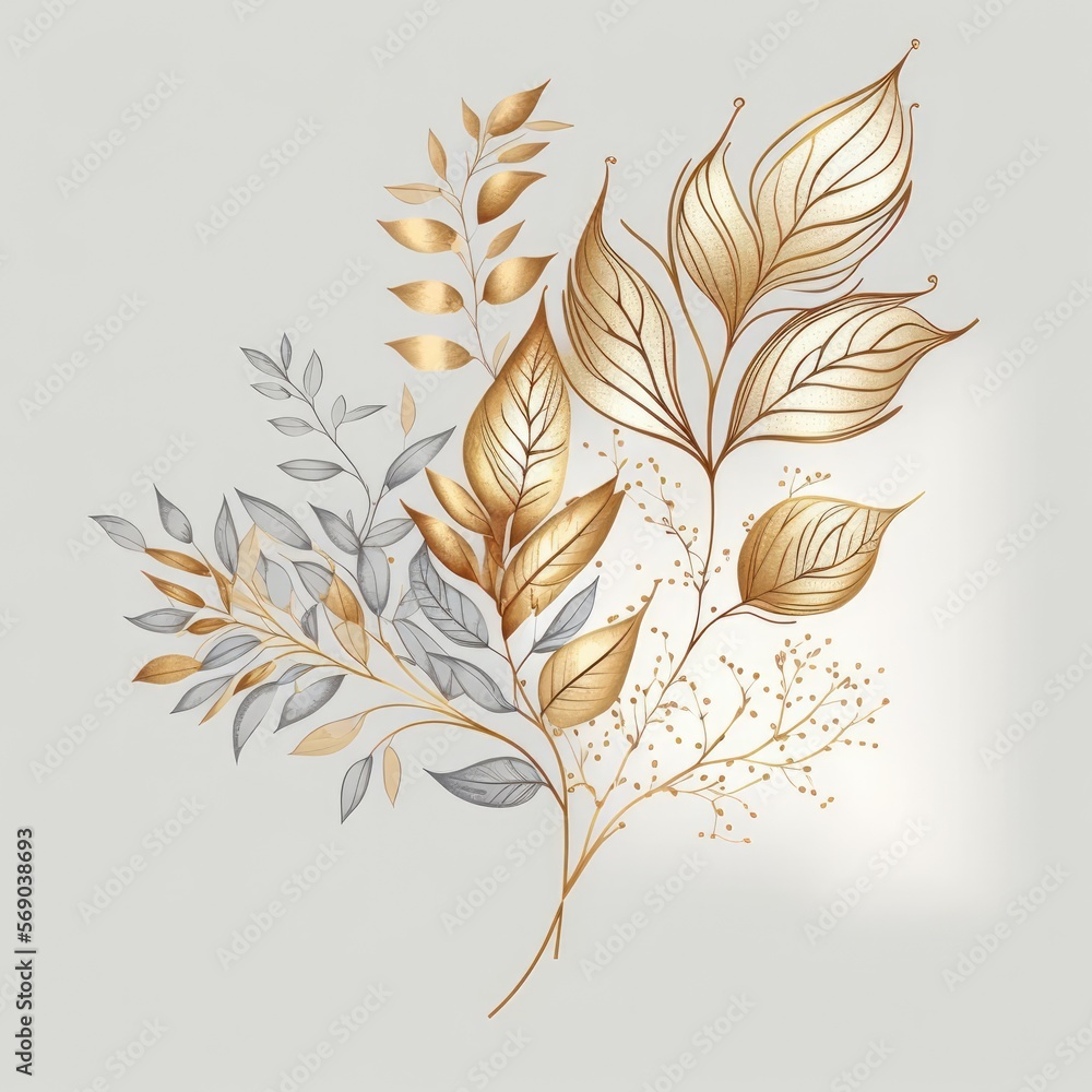 Golden outlines botanical sparkling leaves illustration, wedding design ...