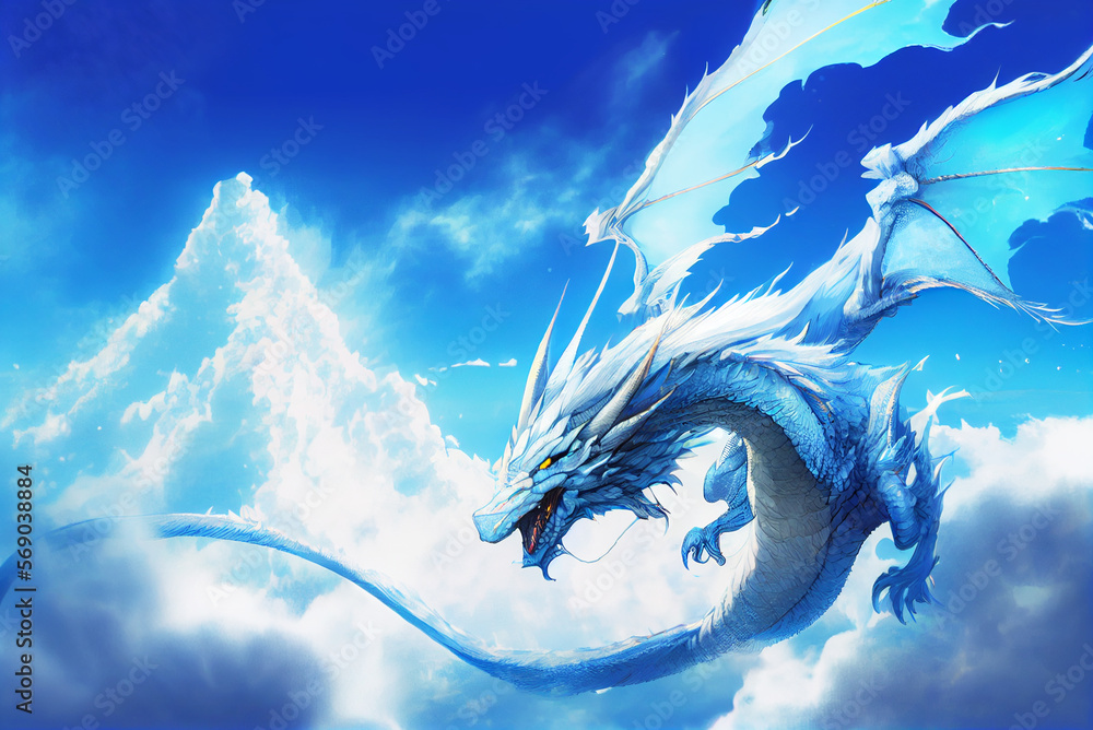 Japan anime blue dragon cartoon flying with blue sky background ...