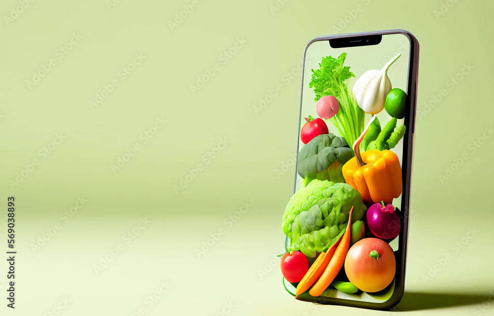 Fresh vegetables food delivery from mobile phone on isolated background ...