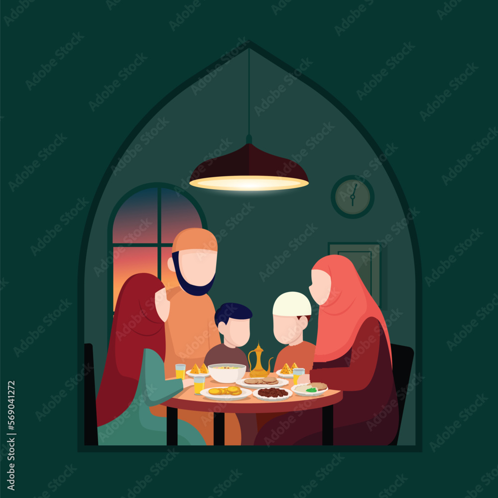 Moslem family iftar enjoying ramadan kareem mubarak together in ...