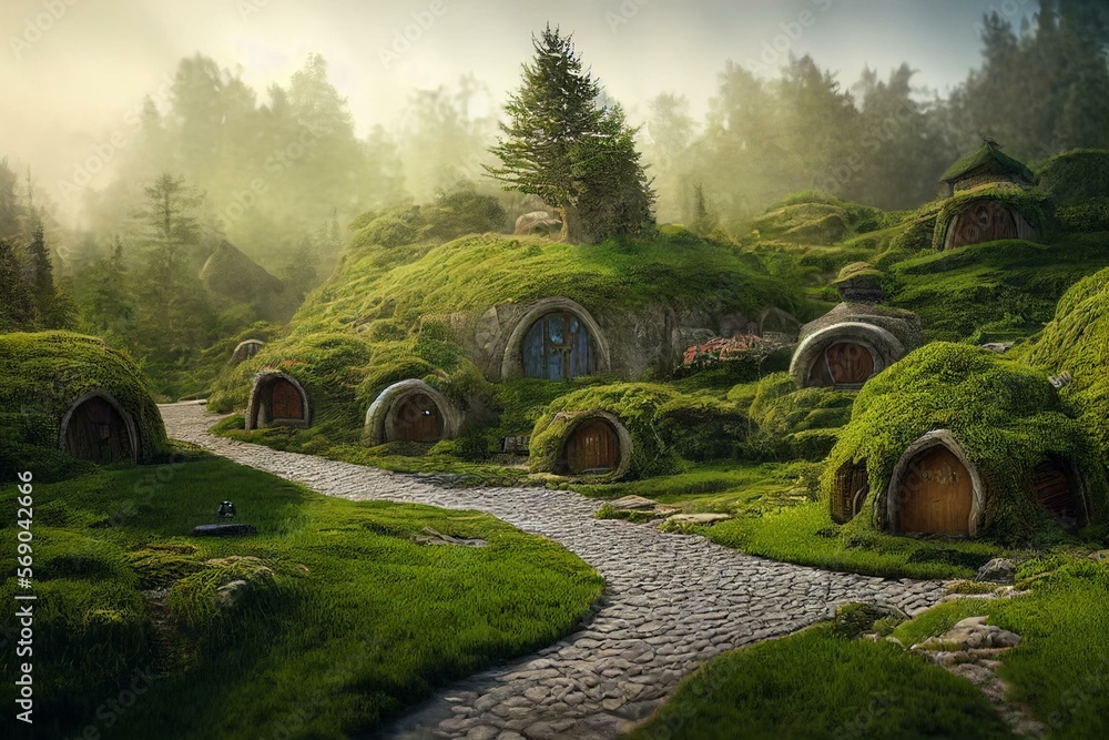 Hobbit houses in fantasy forest, generative AI. Fairy tale village ...