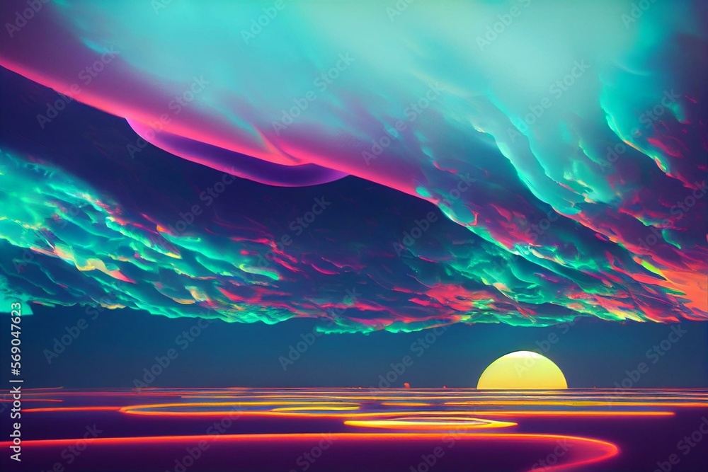 Clouds and a neon sky bounce off of the sea in this surreal abstract ...
