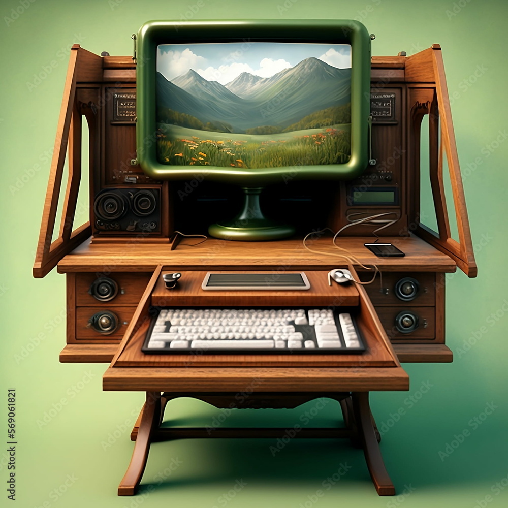 a retro futuristic arts and crafts style desktop computer with a ...