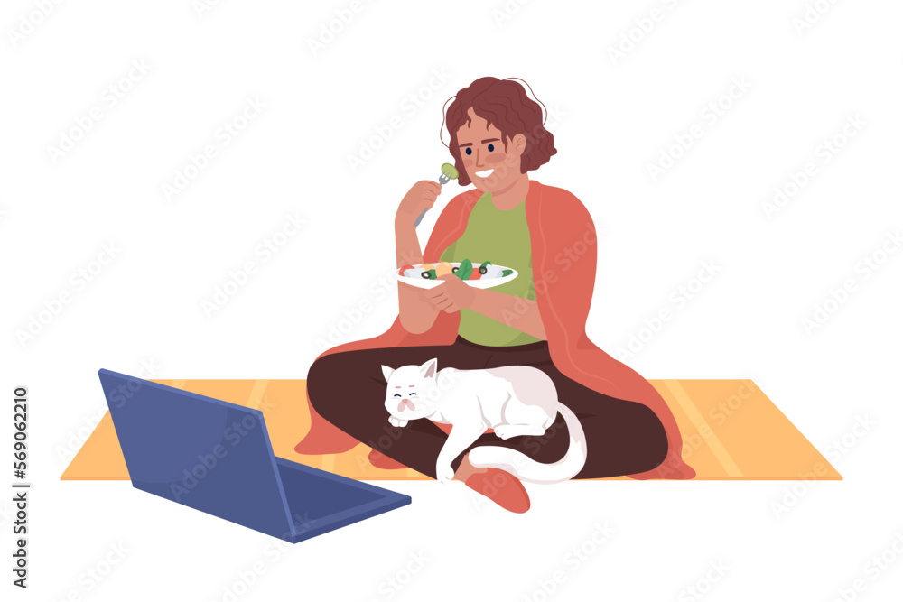 Woman watching tv shows on laptop and eating salad semi flat color ...