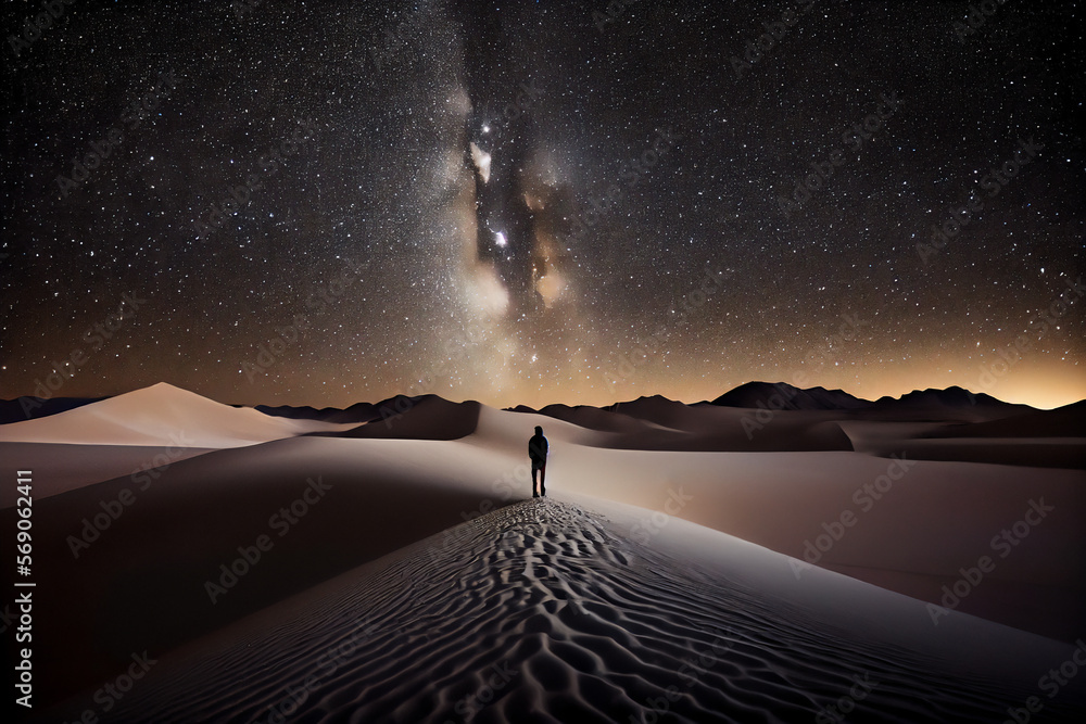 A man standing in the middle of a desert under a star filled sky with a ...