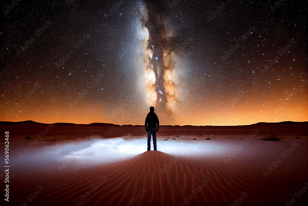 A man standing in the middle of a desert under a star filled sky with a ...