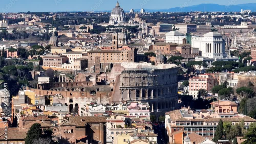 Vista aerea panoramica di tutti i principali monumenti di Roma. Zoom ...