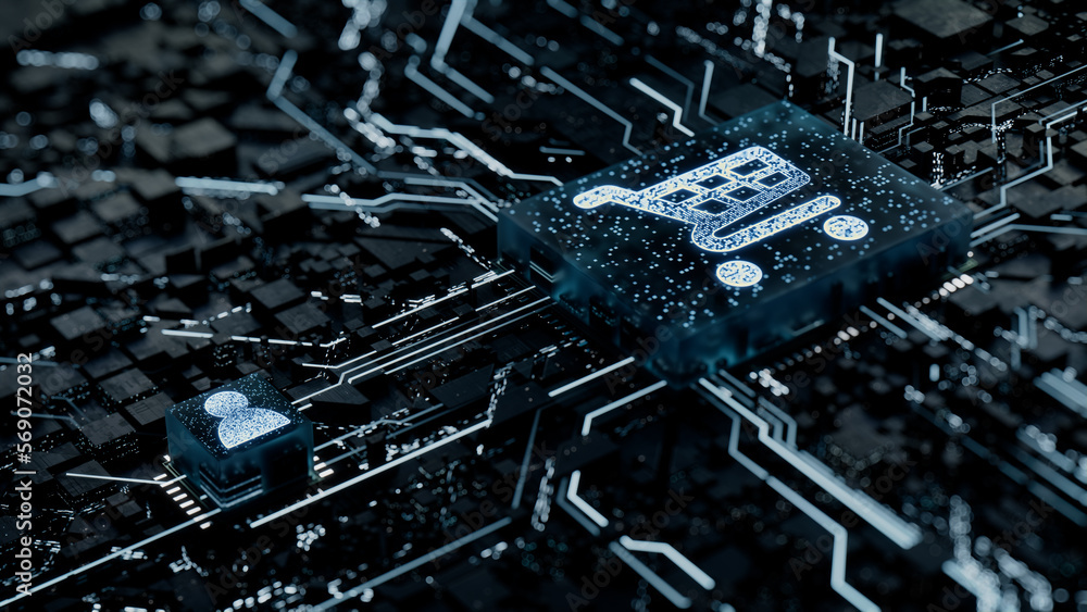 Ecommerce Technology Concept with shopping symbol on a Microchip. White ...