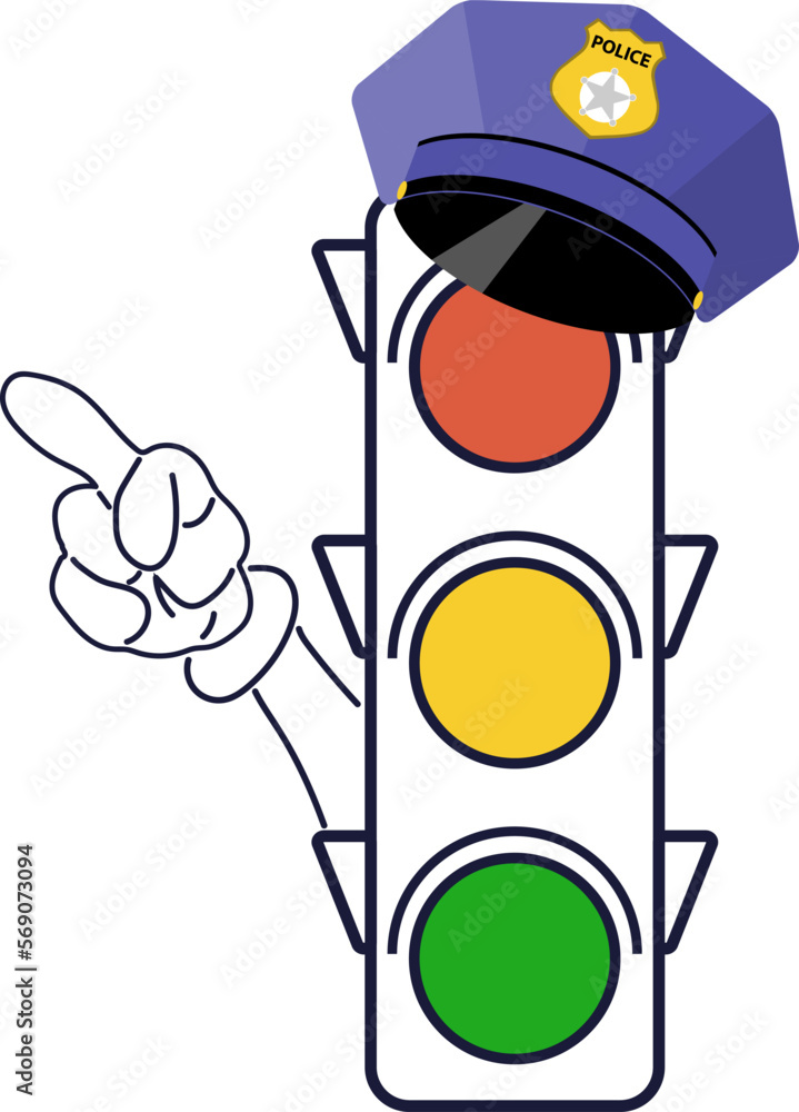 Traffic light, cartoon traffic light in a police cap and with a hand ...