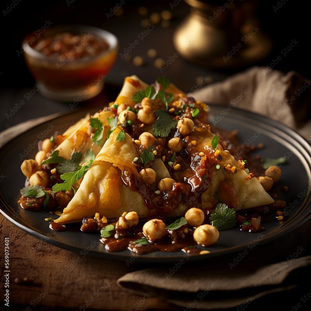 a plate of freshly cooked Indian samosa chaat, filled with potatoes ...