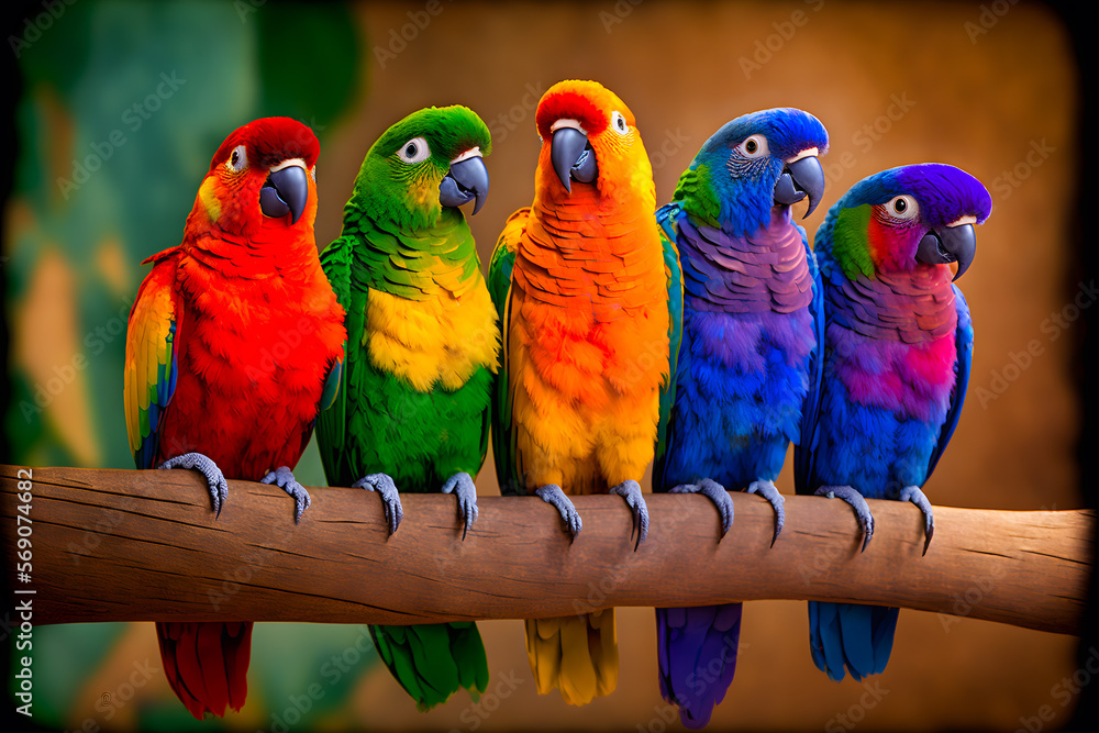 Five colored parrots cheerful on their heads sit on a branch ...
