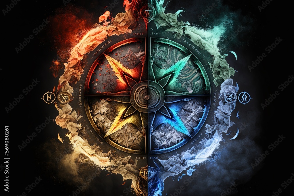 Four elements compass. Generative AI. Colorful magical fantasy compass ...