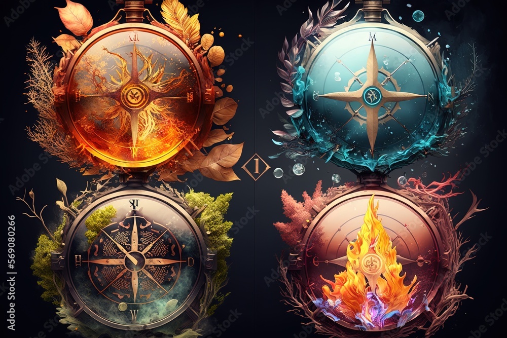 Four elements compass. Generative AI. Colorful magical fantasy compass ...