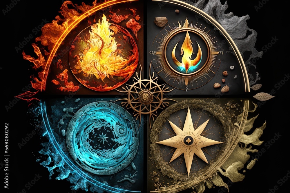 Four elements compass. Generative AI. Colorful magical fantasy compass ...