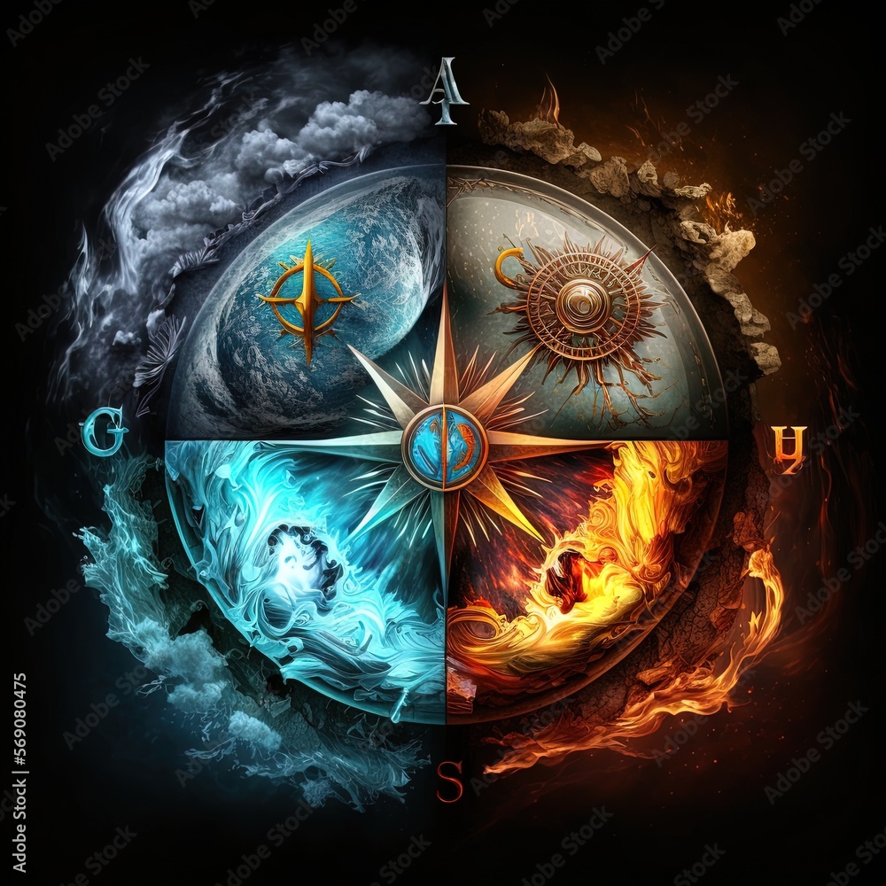 Four elements compass. Generative AI. Colorful magical fantasy compass, four elements earth ...