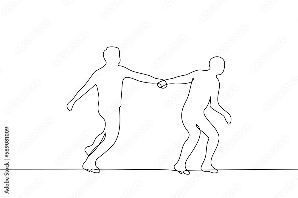 man runs grabbing the hand of another - one line drawing vector ...