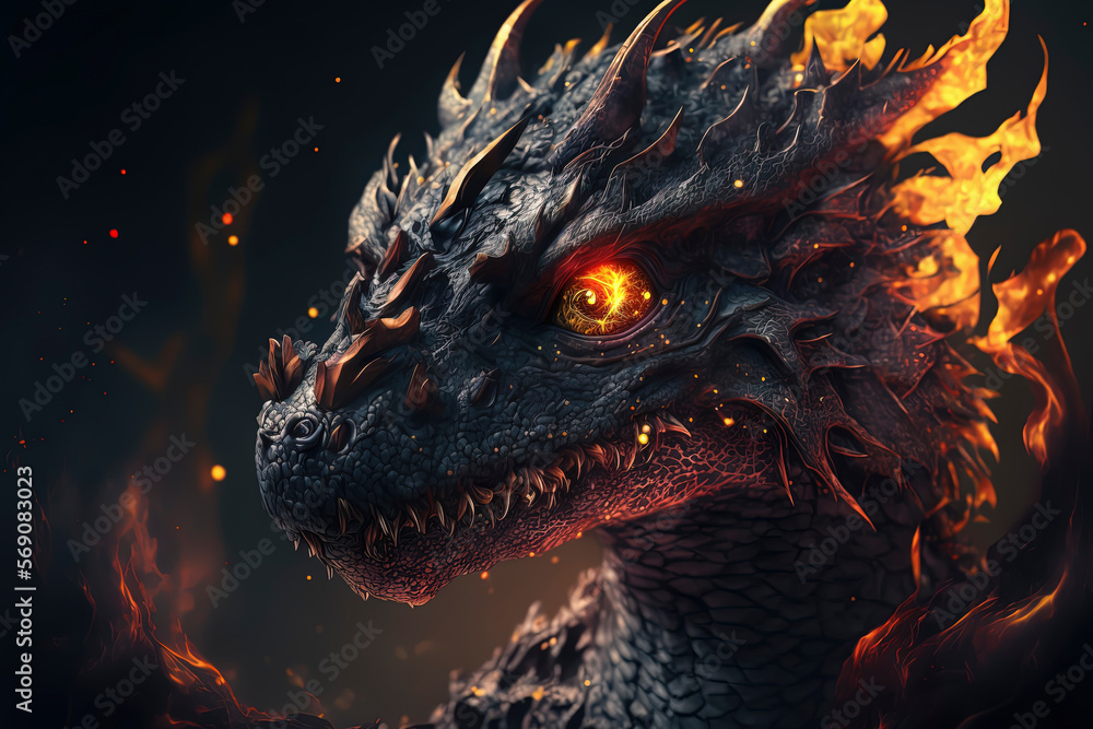 rebirth of a black baby dragon from the ashes, throws fire, fire on his ...