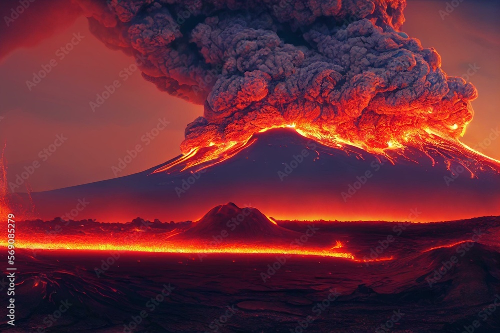 Tropical natural environment with an active volcano erupting. Cartoon ...