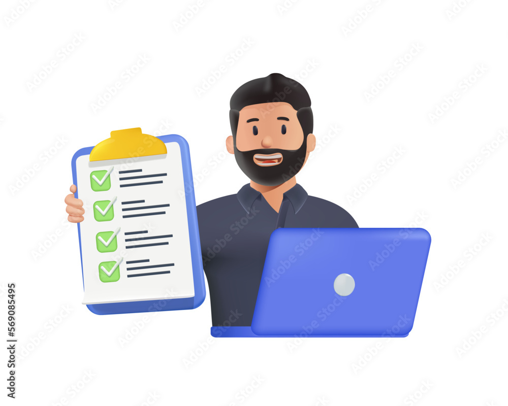3D happy man character sitting at desk laptop showing document ...