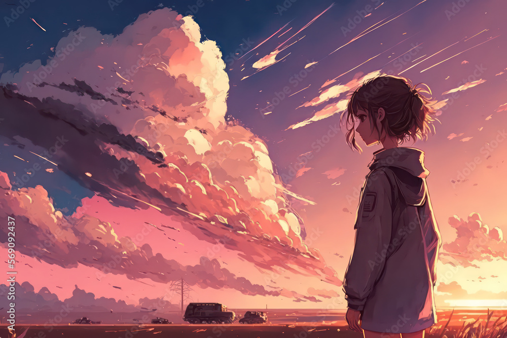 Girl look at the horizon in evening time with sunset light flare ...