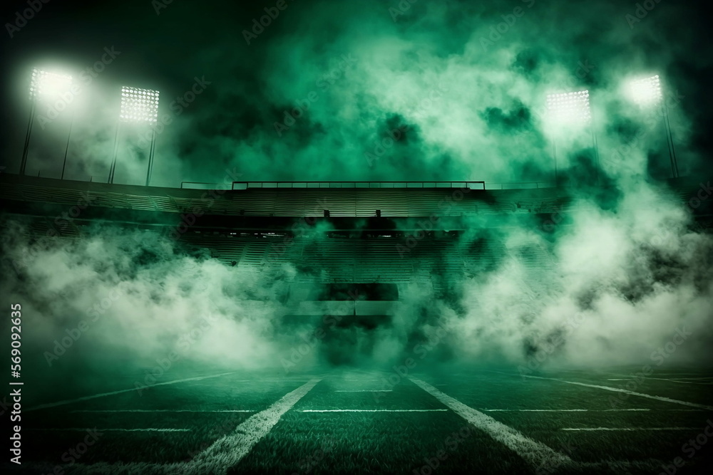 American football stadium field with smoke and neon background ...