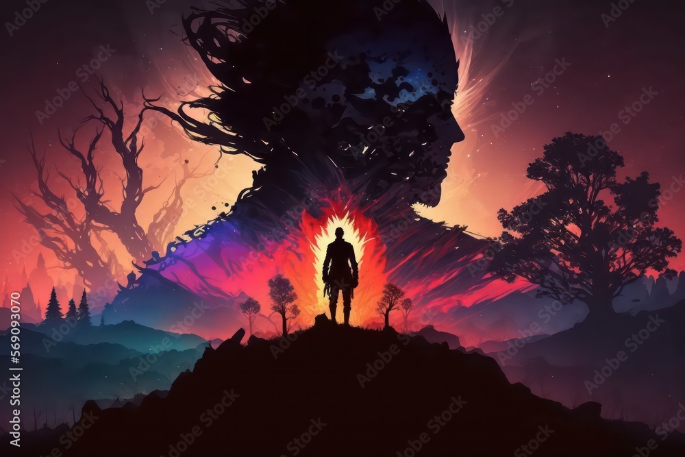 Hero fantasy wallpaper background. Silhouette shadow of the man hero ...