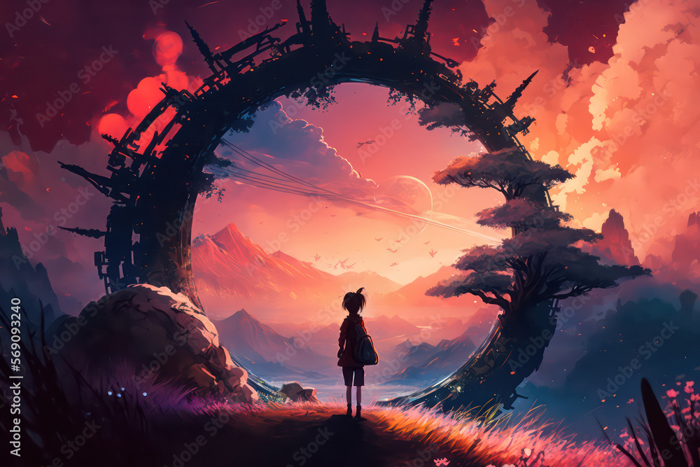 Girl looking at the ruined alien gate with sky view in the evening ...