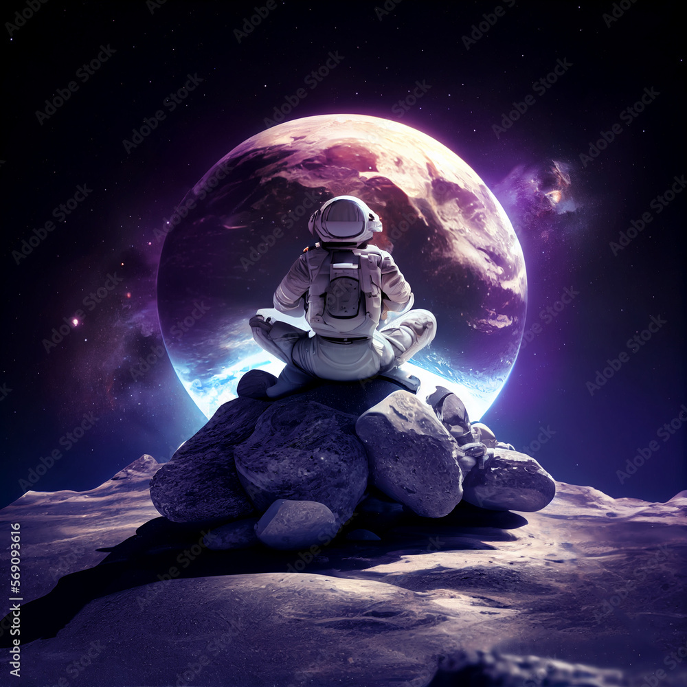 3D illustration of science fiction space suited figure in yoga lotus ...