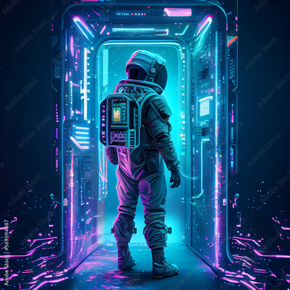 Retrowave Neon 3D illustration of space suit wearing male figure ...