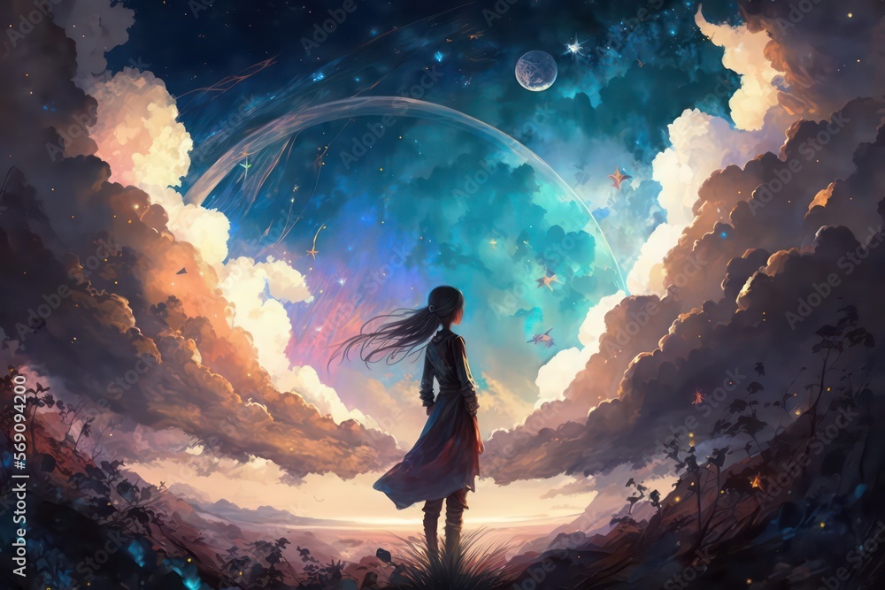 Illustration of girl with beautiful fantasy starry night. Fantasy sky ...
