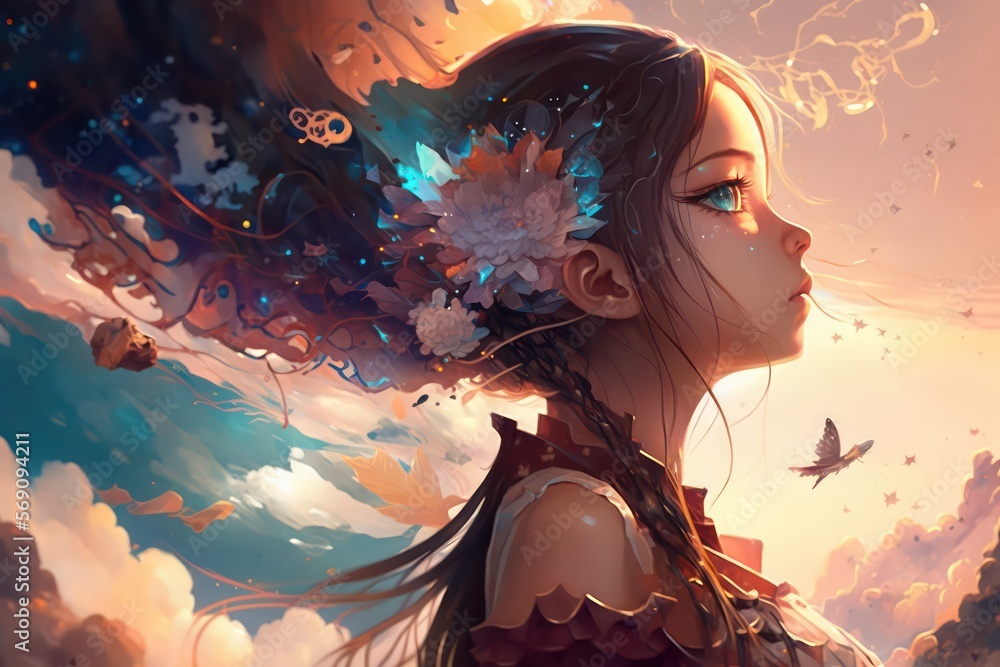 Anime girl wallpaper background. Young lady in the evening with sunset ...