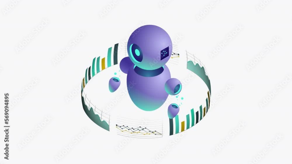AI Robot with rounding statistics and infographics. Fully Alpha channel ...