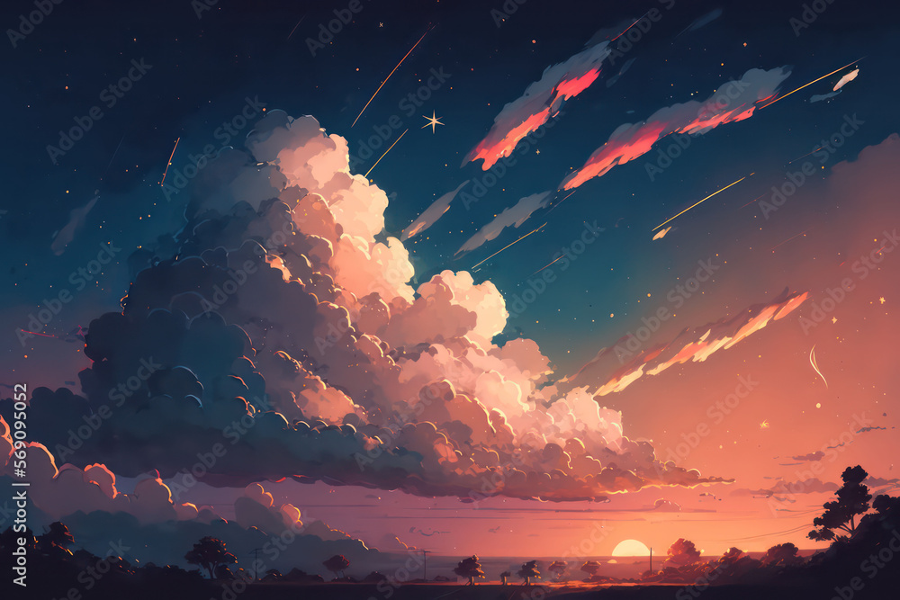 Fantasy sky. Skyland with beautiful flare. Anime sky painting wallpaper ...