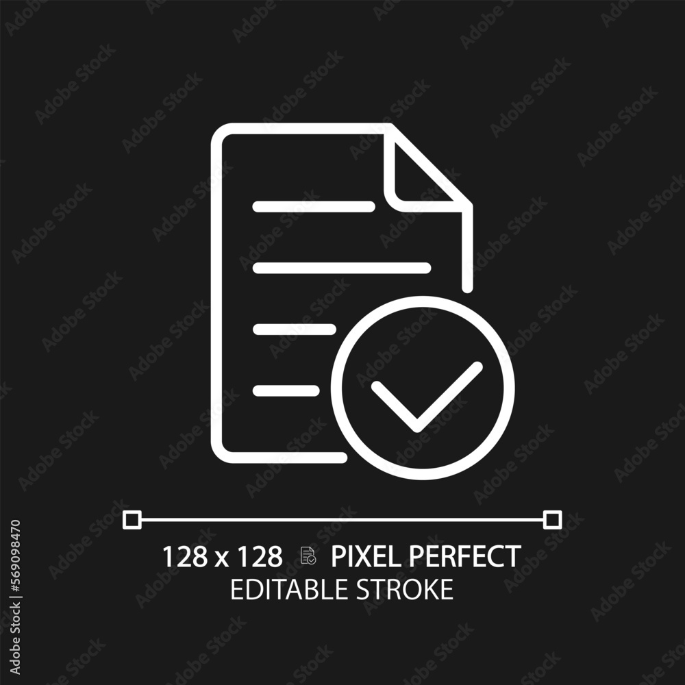 Document with check mark pixel perfect white linear icon for dark theme ...
