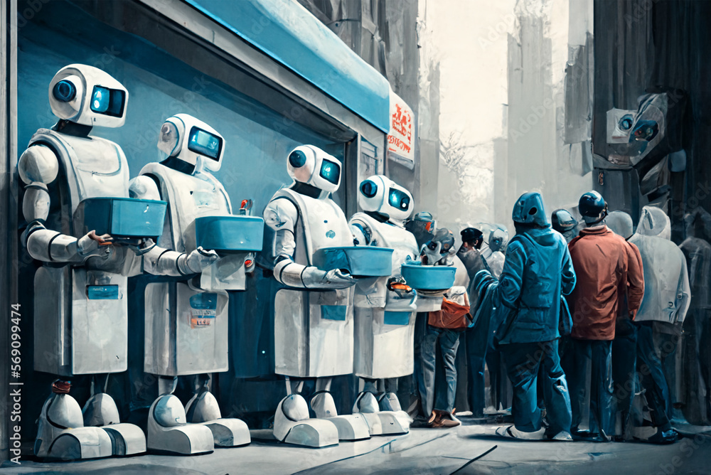 a painting of a group of robots standing in front of a store, dystopian ...