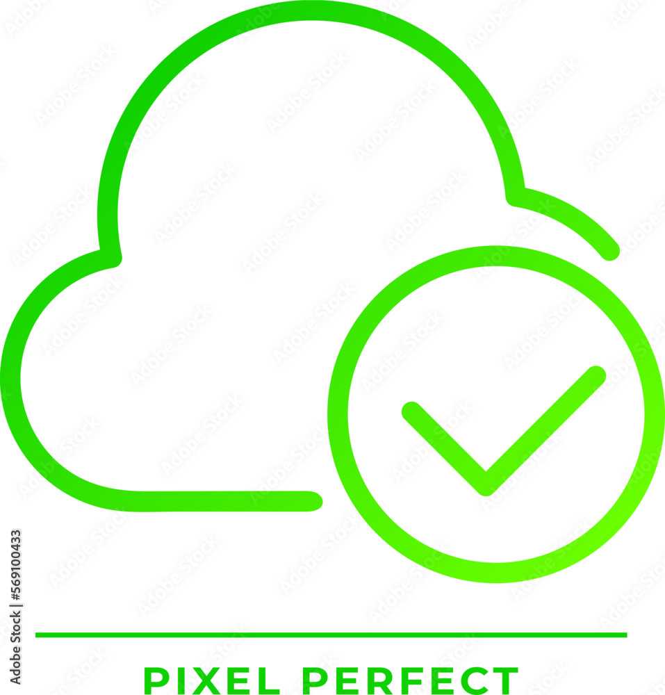 Cloud with check mark pixel perfect gradient linear vector icon. Safe digital data storage ...