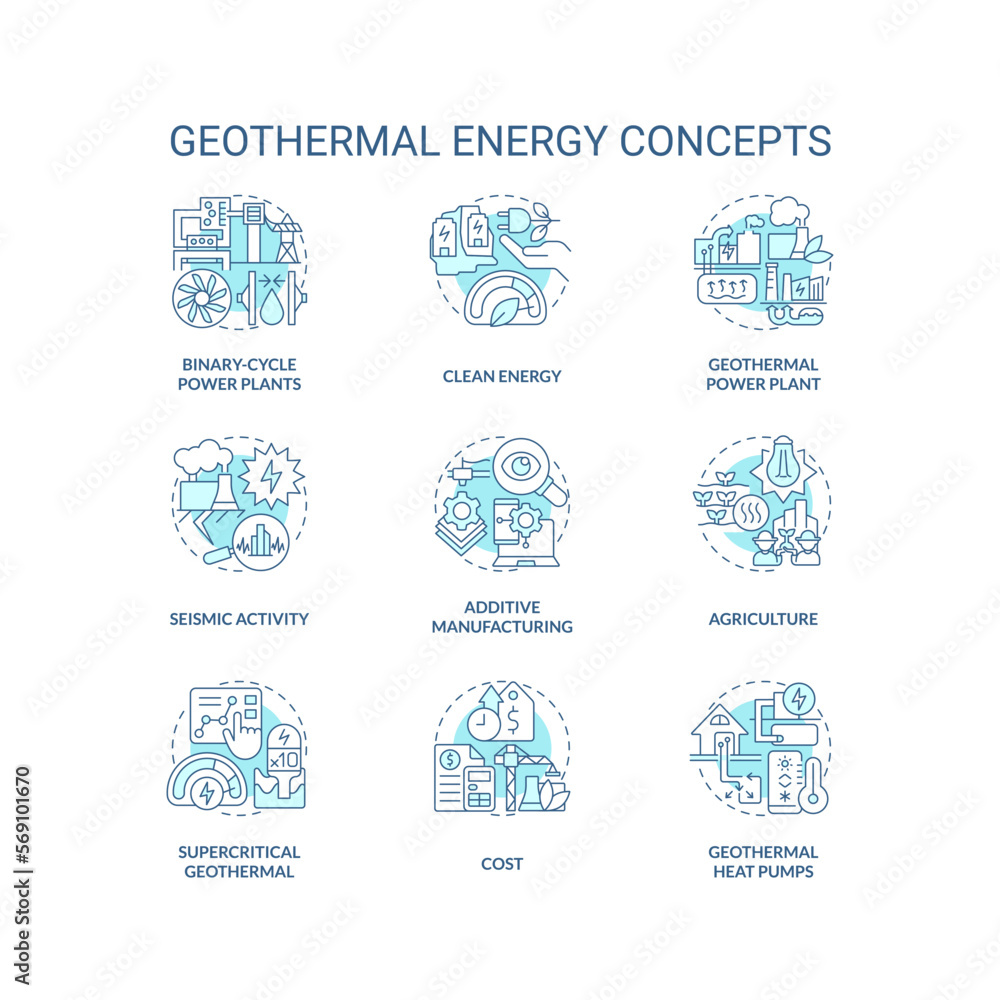 Geothermal energy blue concept icons set. Power station. Generate ...