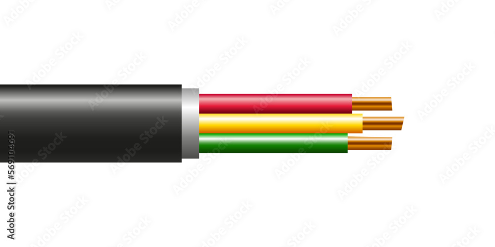 Flexible Three-wire electrical cable isolated on white background ...